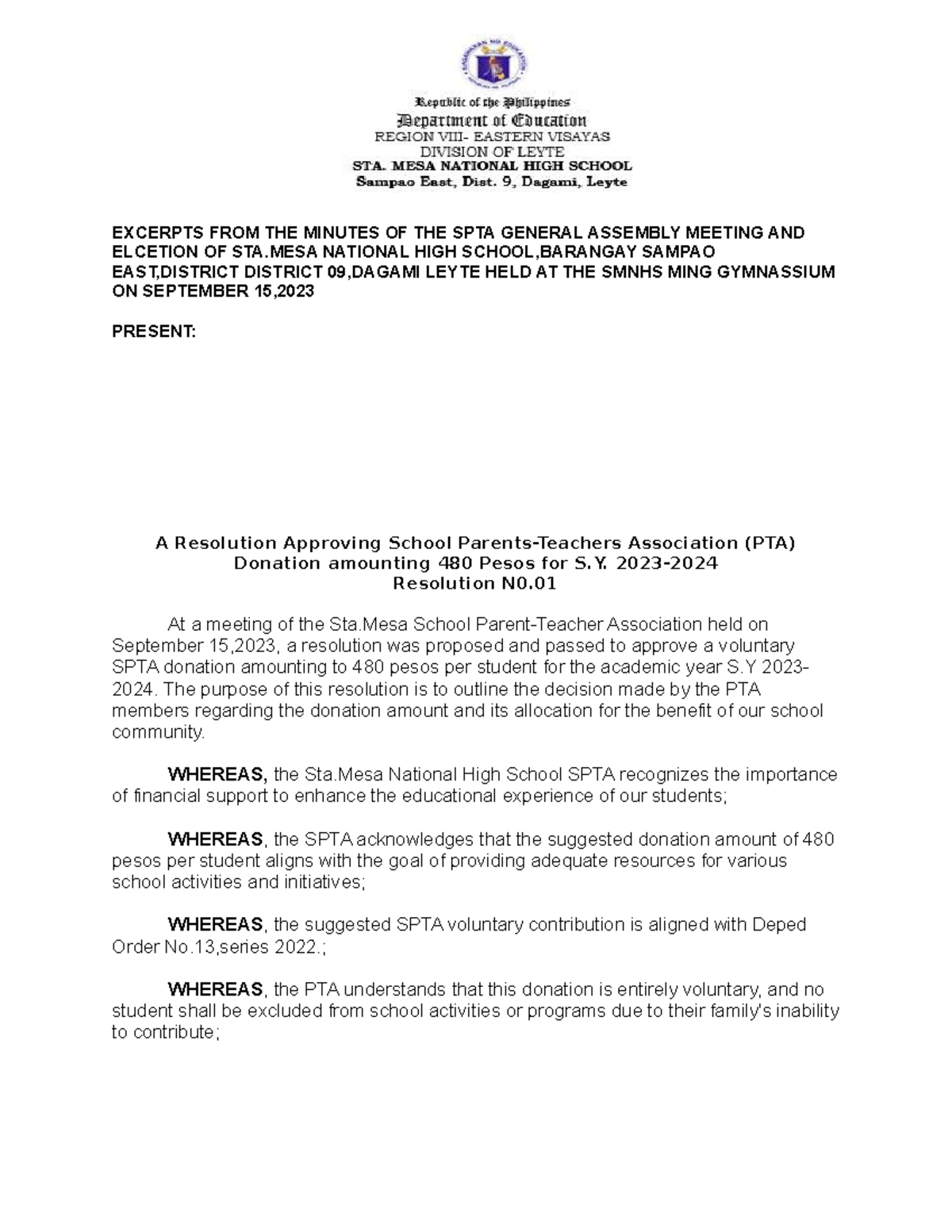 A Resolution Approving School Parents 480 - EXCERPTS FROM THE MINUTES ...