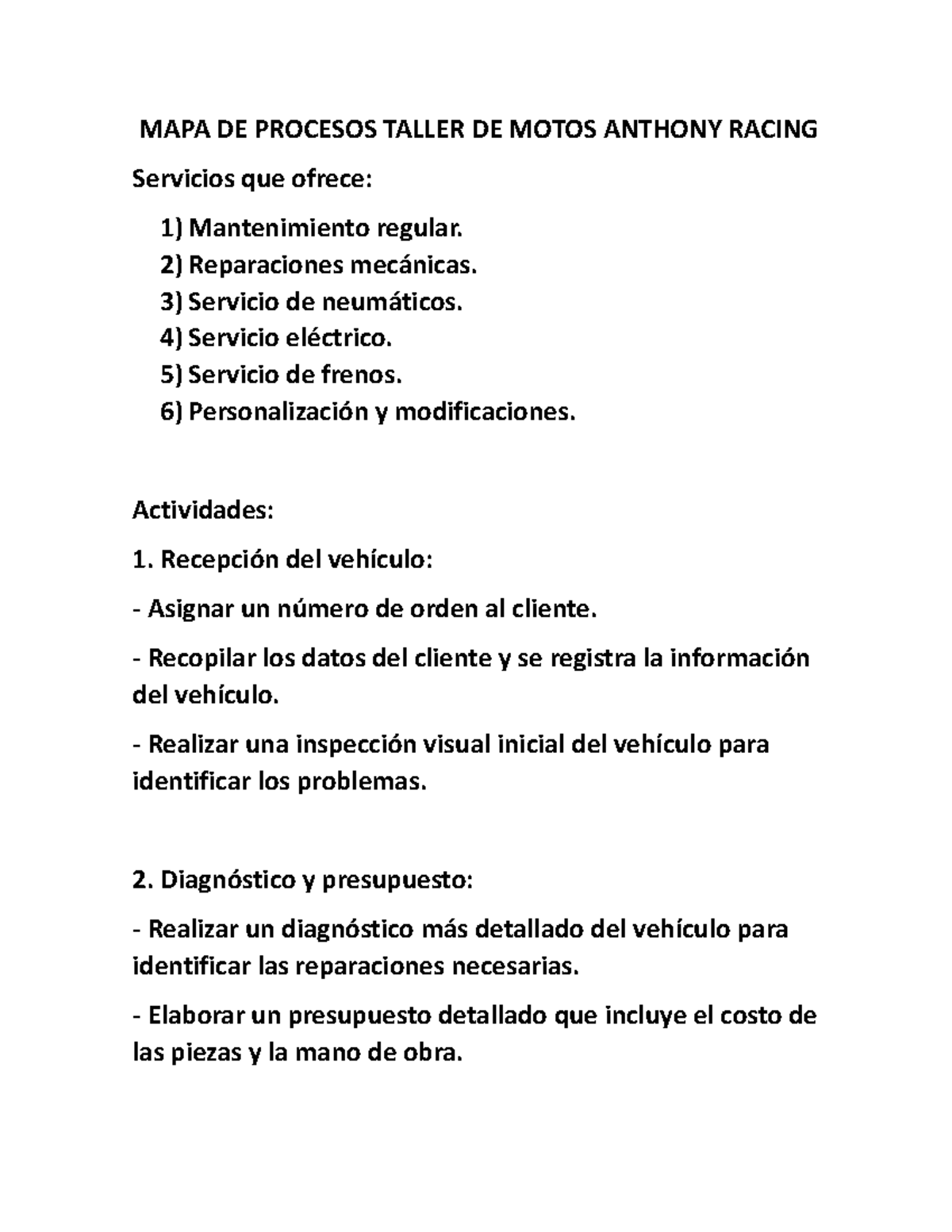 Taller DE Motos - Mapa - MAPA DE PROCESOS TALLER DE MOTOS ANTHONY ...