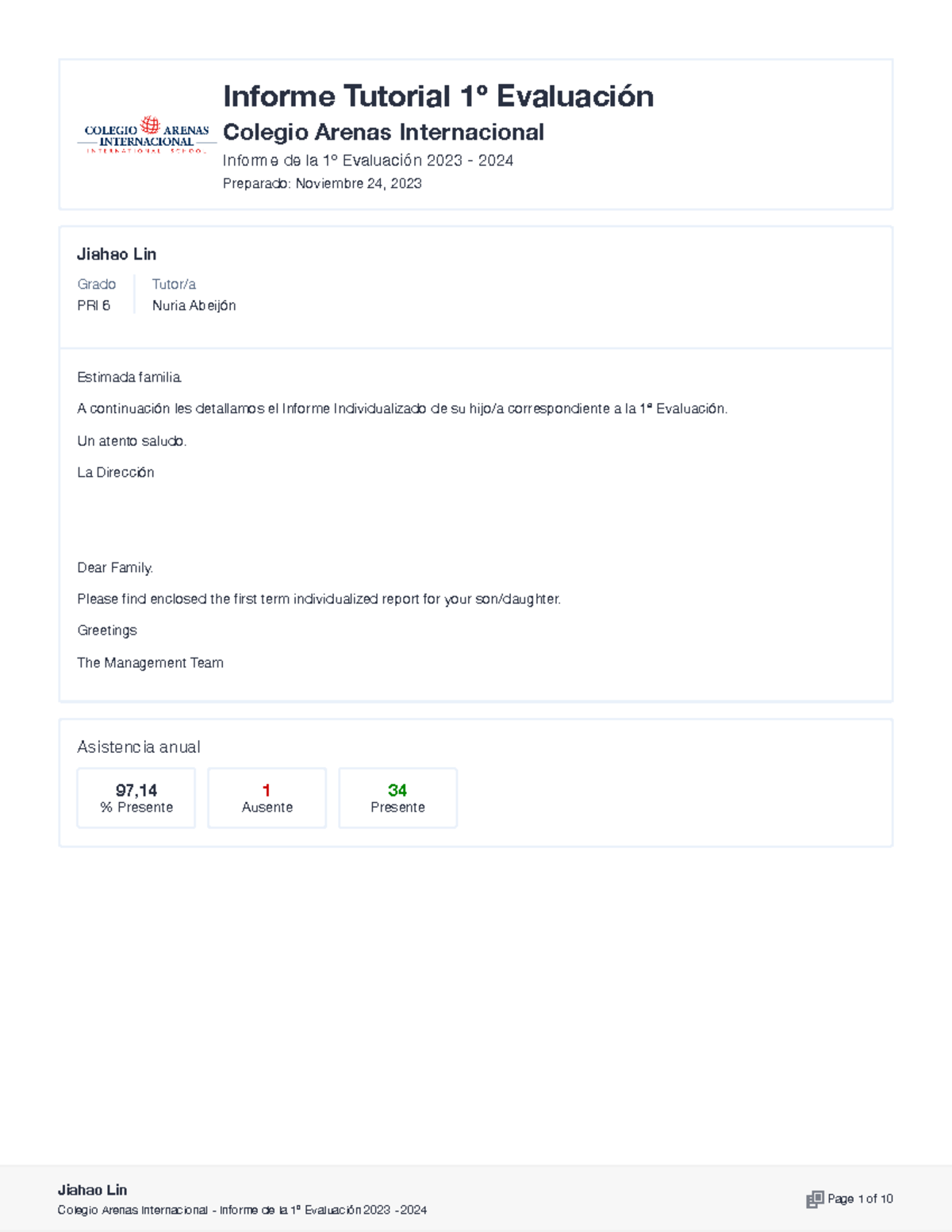 Informe Tutorial 1º Evaluación PRI 6 Lin Jiahao 2023-11-24 - Colegio Arenas Internacional ...