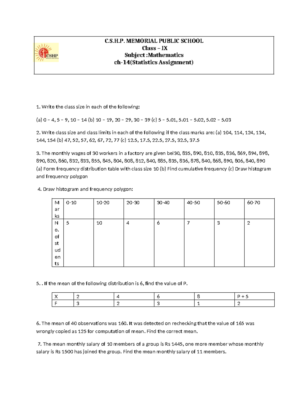 Assignment of ch-14 statistics of class-9 - C.S.H. MEMORIAL PUBLIC ...