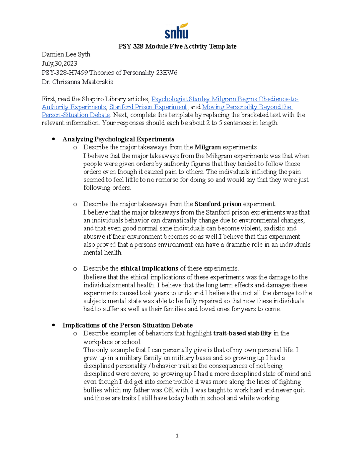 PSY 328 Module Five Activity Template - PSY 328 Module Five Activity Template Damien Lee Syth ...