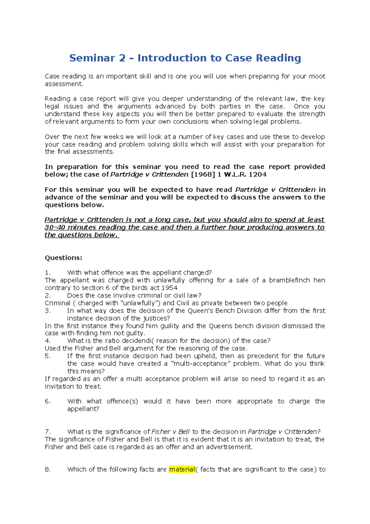 Seminar 2 - Introduction to Case Reading - Partirdge v Crittenden ...