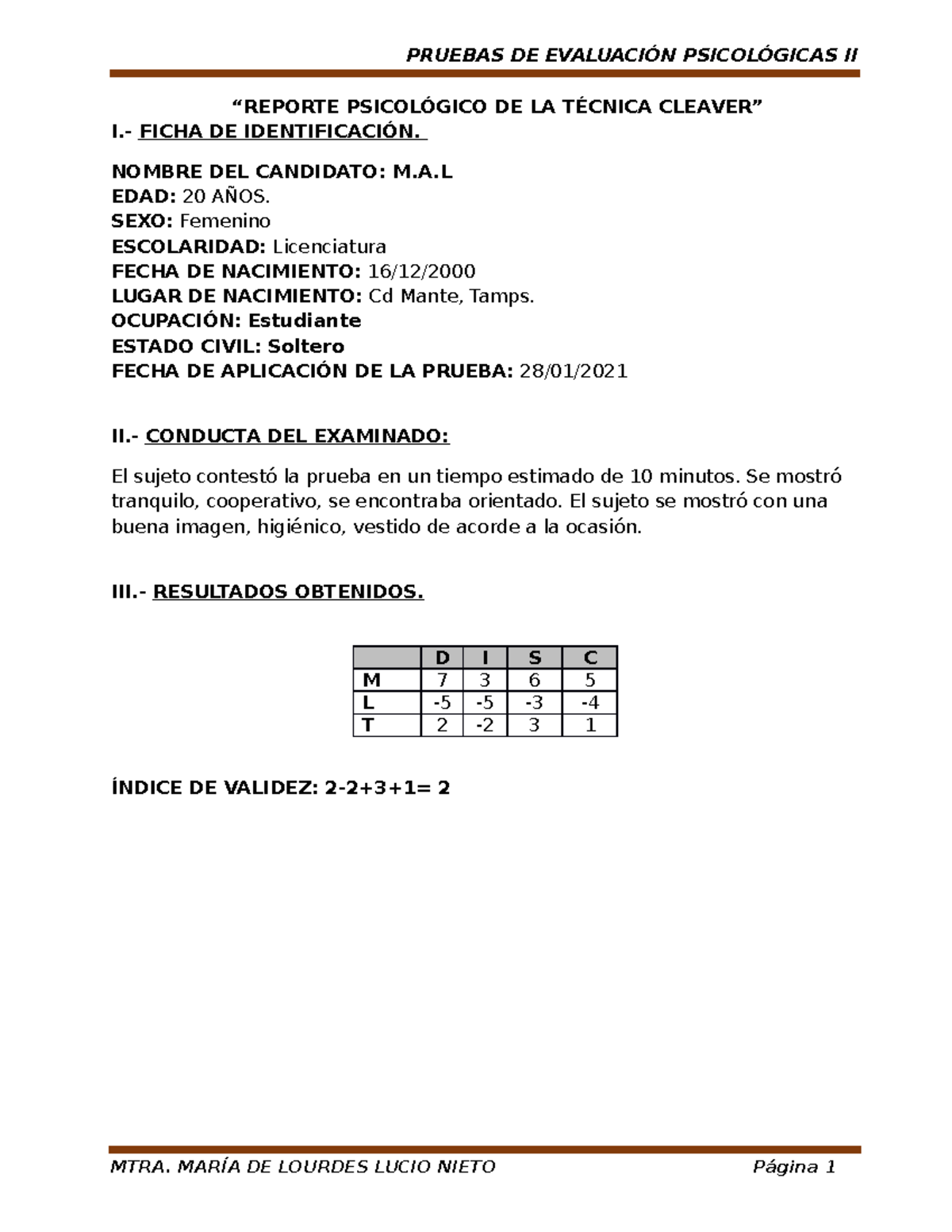 Reporte Psicologico de la Tecnica Cleaver - “REPORTE PSICOLÓGICO DE LA ...