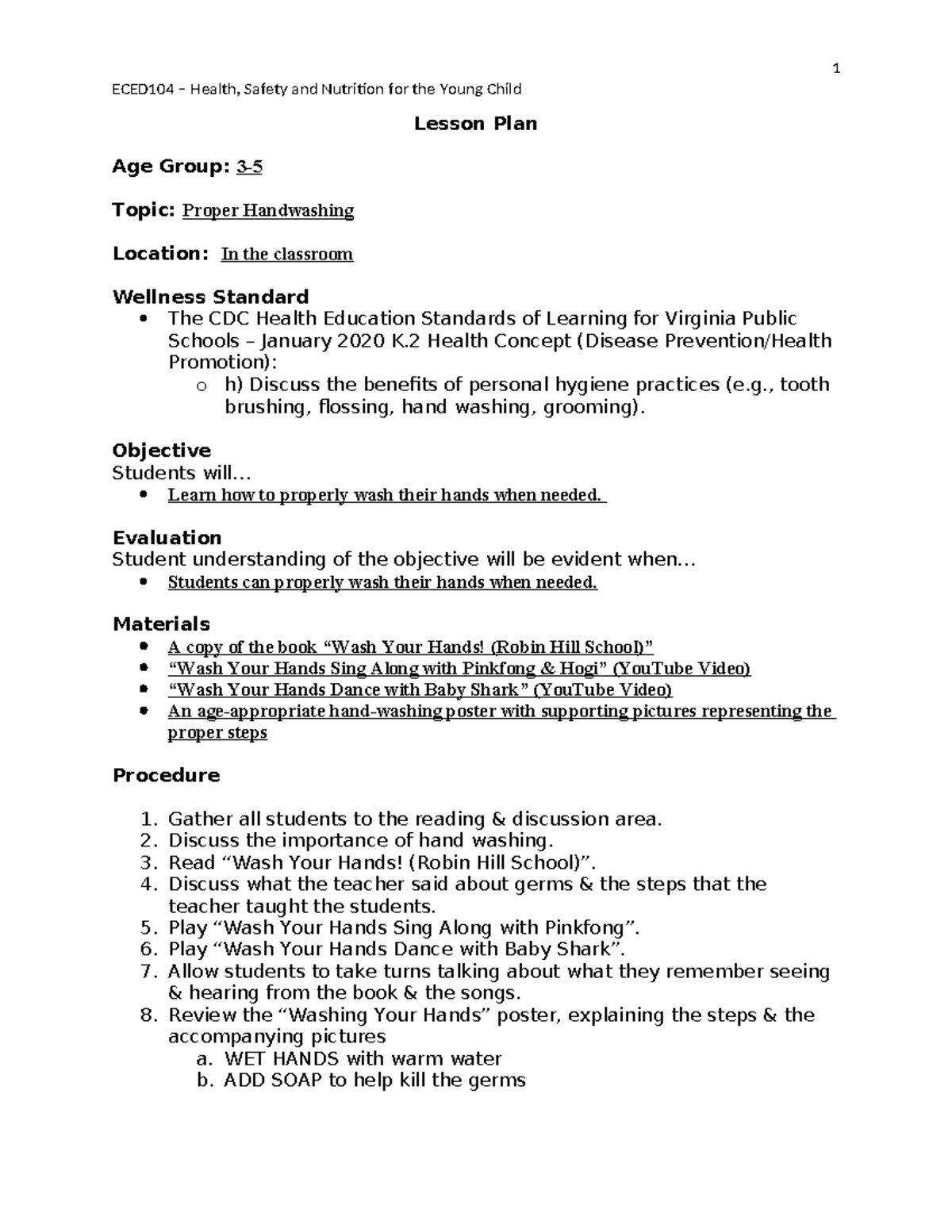 Hand Washing Lesson Plan - 1 ECED104 – Health, Safety and Nutrition for ...