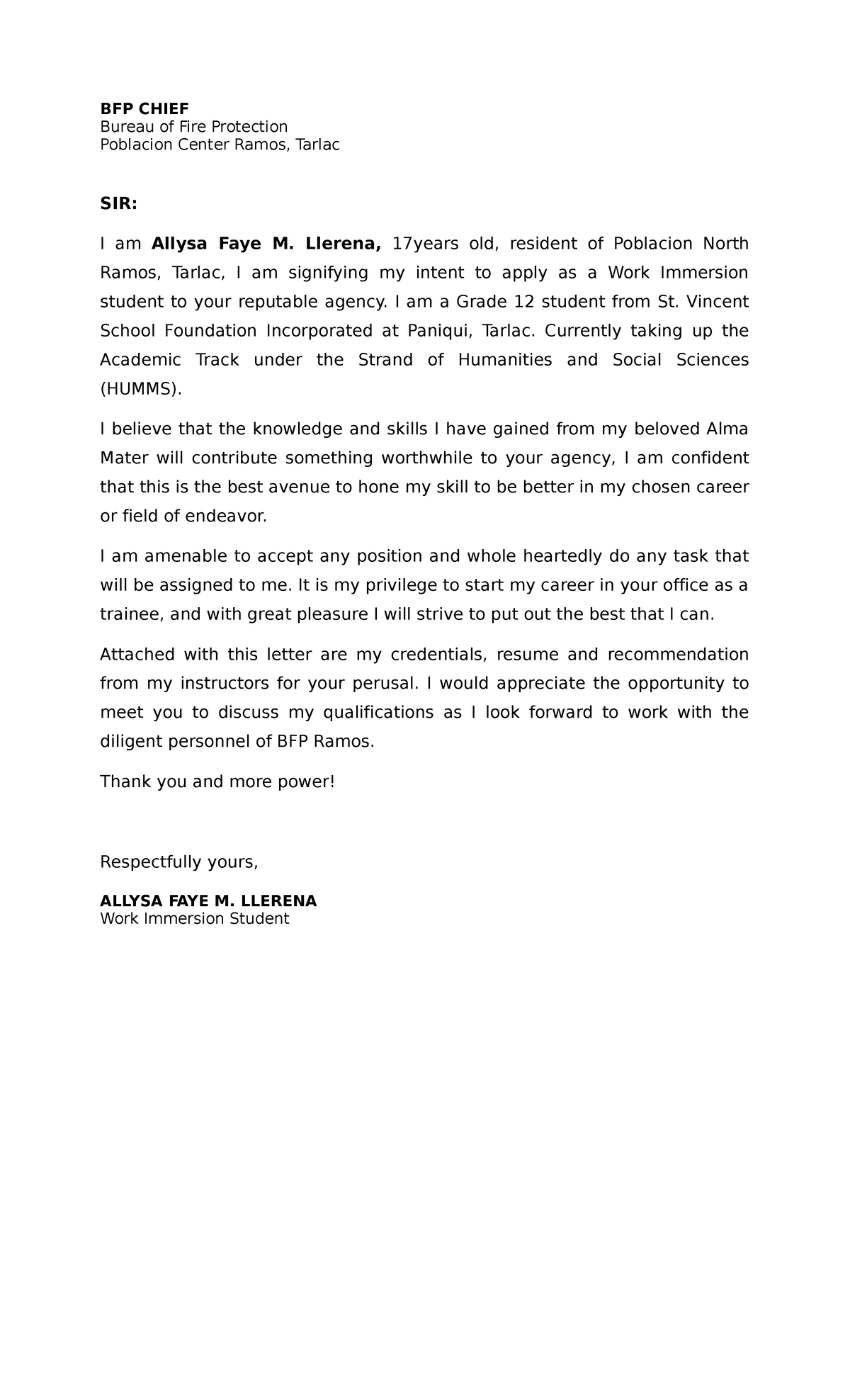 Allya letter - BFP CHIEF Bureau of Fire Protection Poblacion Center ...