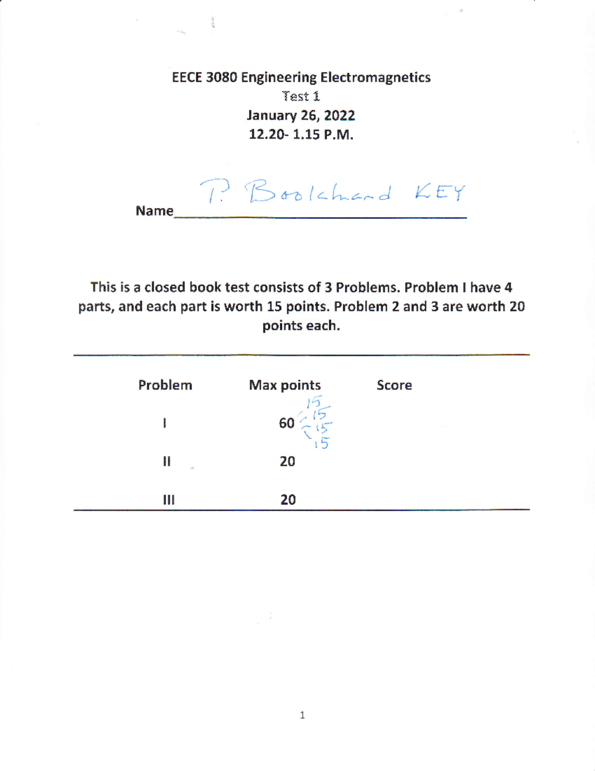 Key to Test 1 3080 Spring 2022 - EECE 3080 Engineering Electromagnetics ...