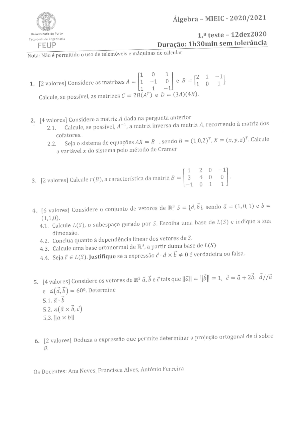 1 MT anos anteriores 3 - Mini testes de álgebra - Álgebra Linear - Studocu