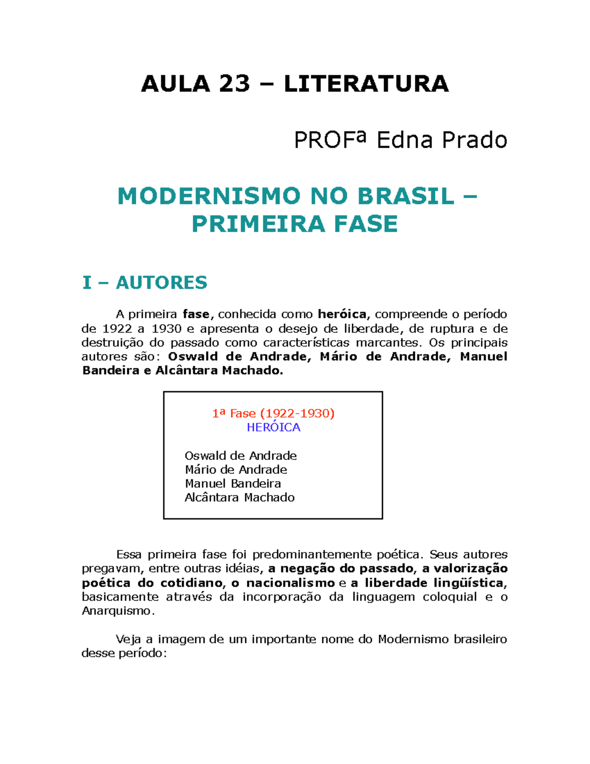 3373927 Literatura Aula 23 Modernismo no Brasil 1ª fase - AULA 23 – LITERATURA PROFª Edna Prado ...