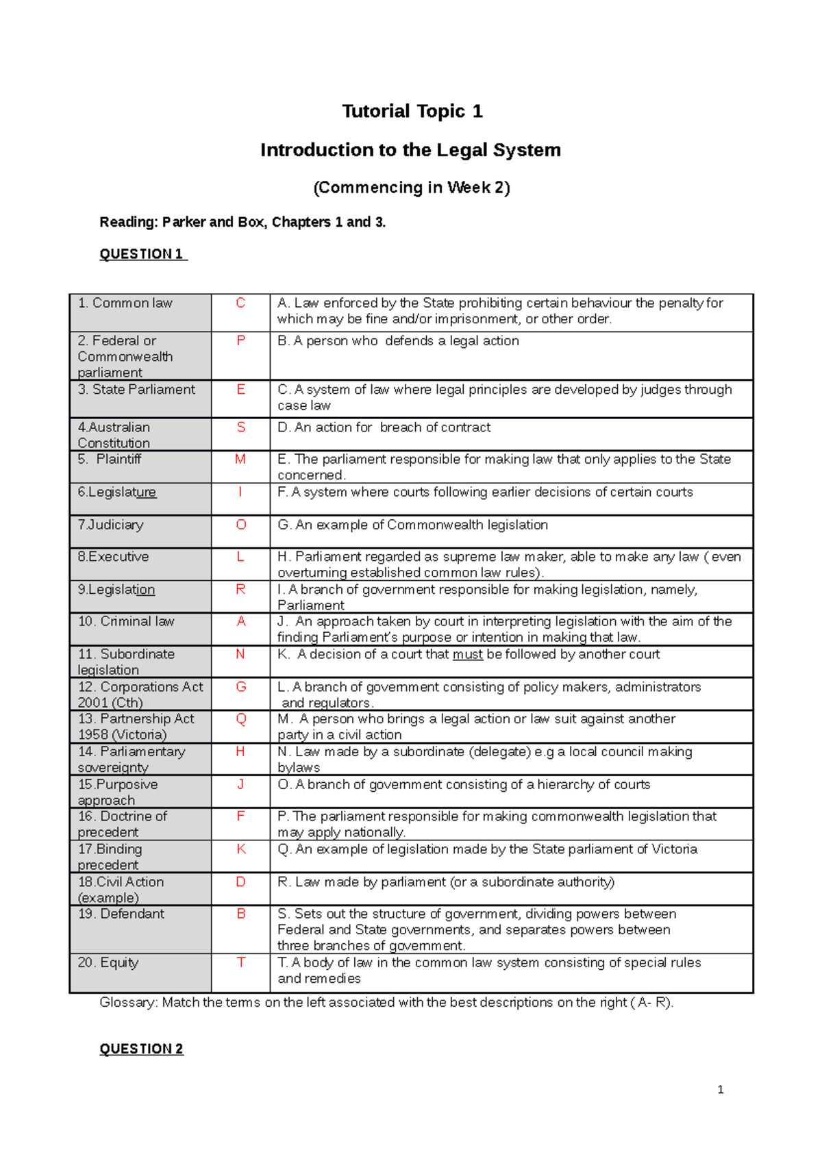 Tutorial Topic 1 Week 2 Introduction to Legal system 1 - Tutorial Topic 1 Introduction to the ...