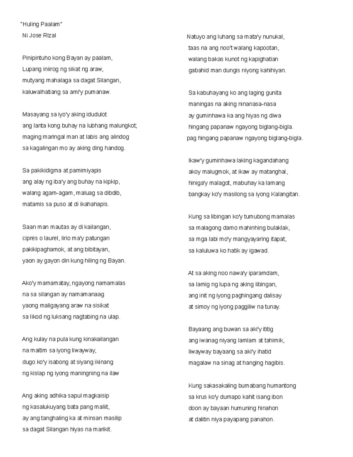 Huling Paalam - “Huling Paalam” Ni Jose Rizal Pinipintuho kong Bayan ay ...