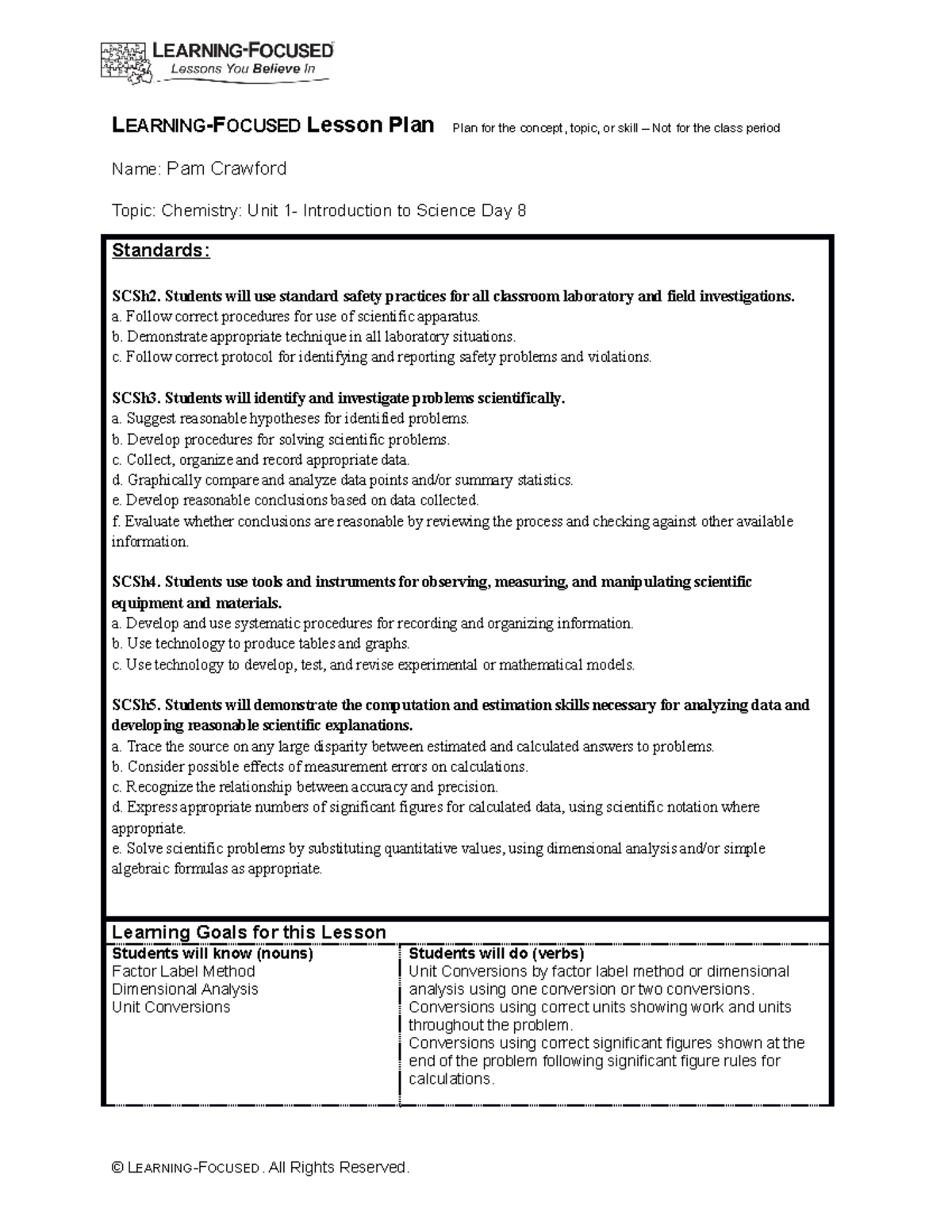 Chemistry Unit 1 Day 8 Intro to Science LF Format - LEARNING-FOCUSED Lesson Plan Plan for the ...