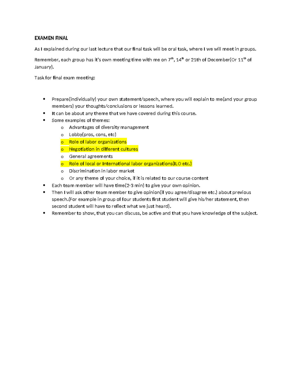 Final oral task Social Dialogue - EXAMEN FINAL As I explained during ...