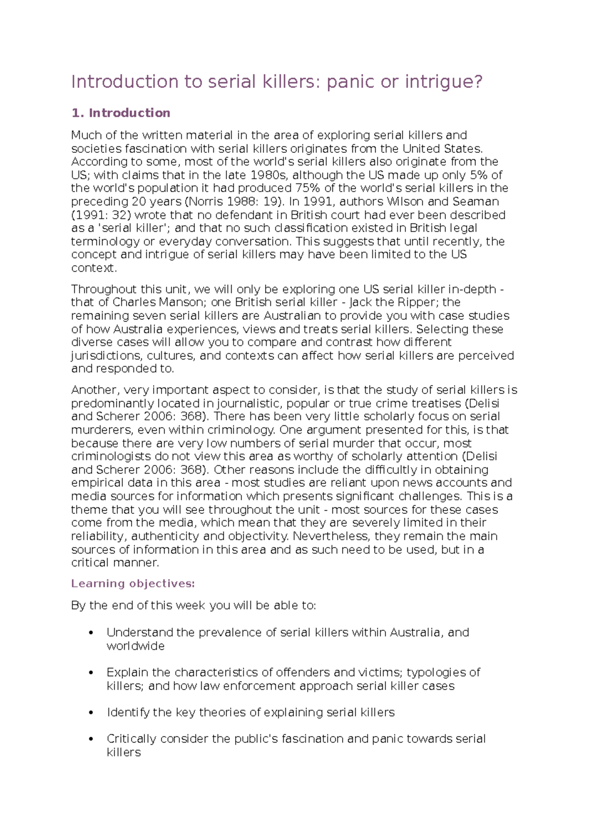 CRIM233 Notes Week 1 Introduction to serial killers - Introduction to ...