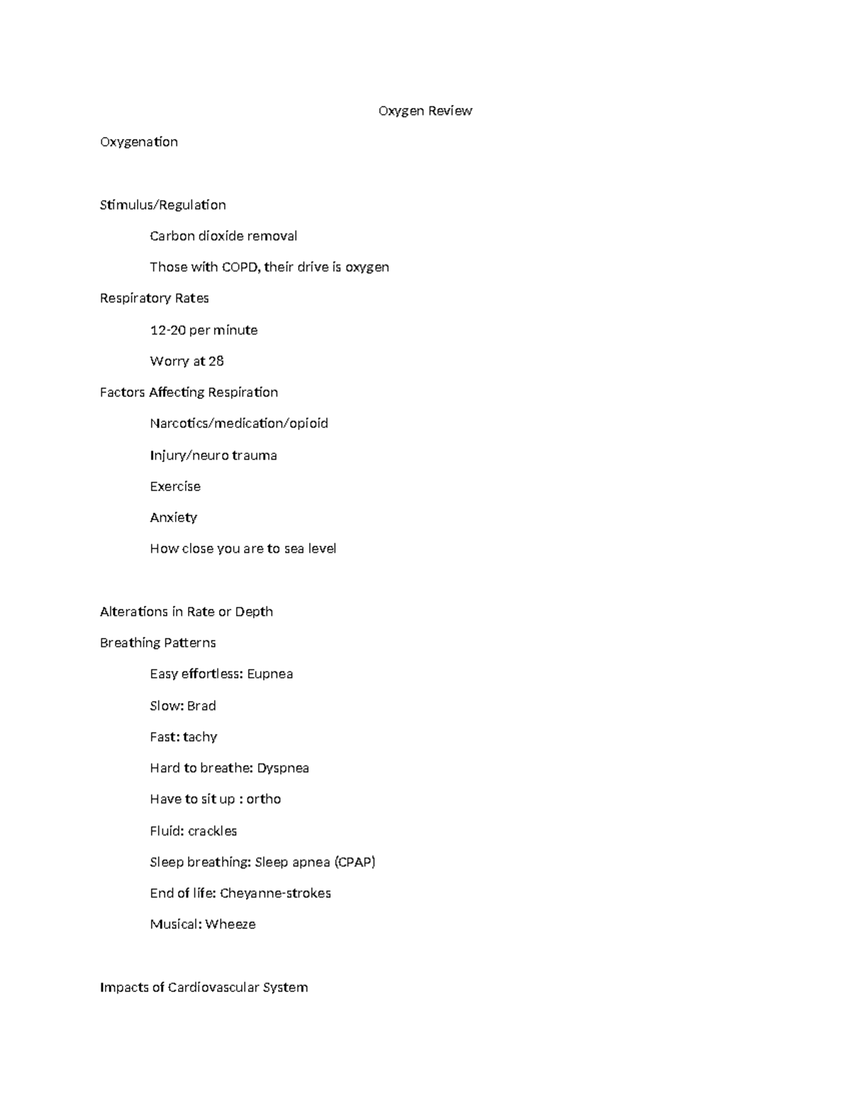 Oxygen Review 1 - Oxygen Review Oxygenation Stimulus/Regulation Carbon ...