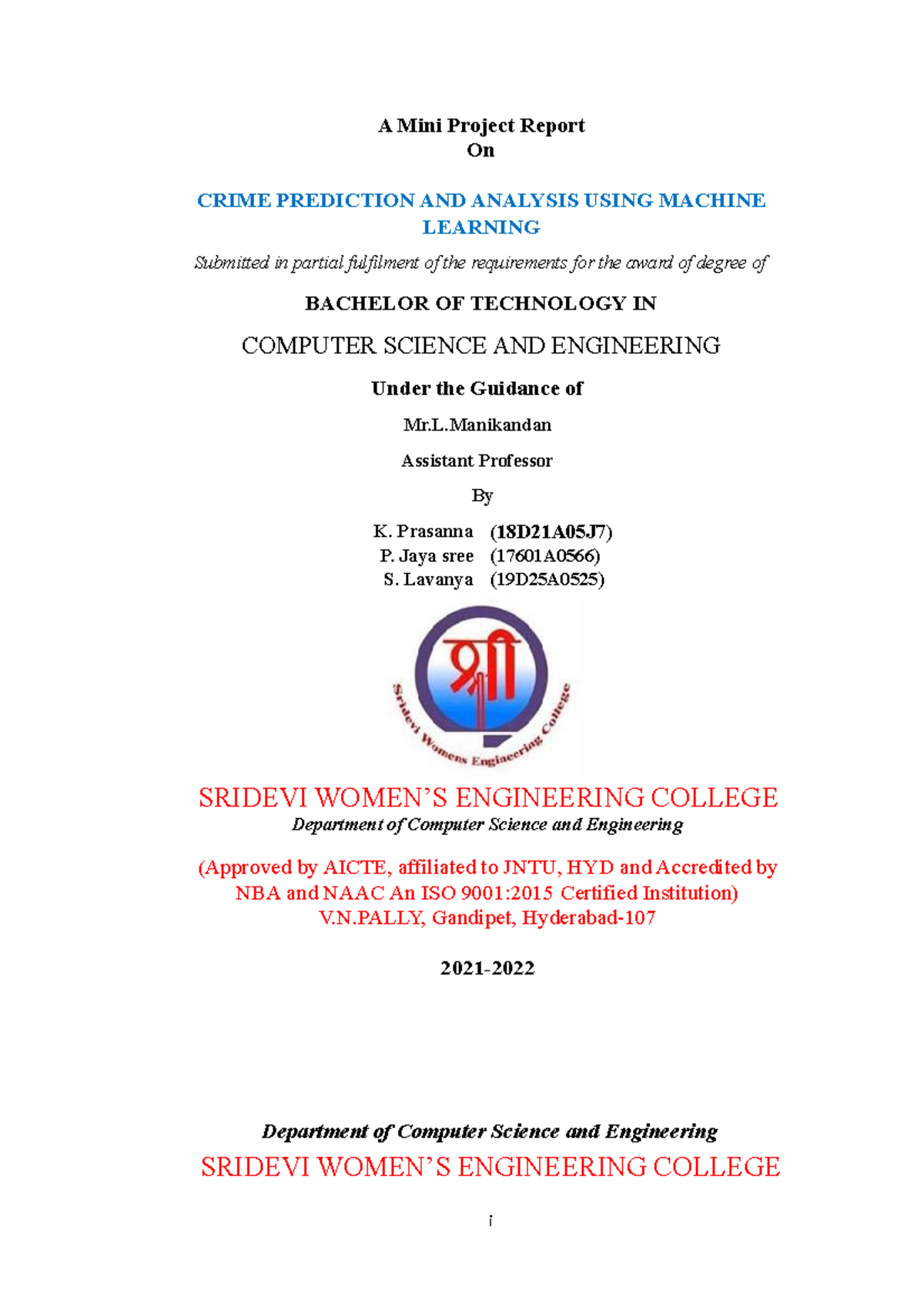 D9- Final Documentation - A Mini Project Report On CRIME PREDICTION AND ...