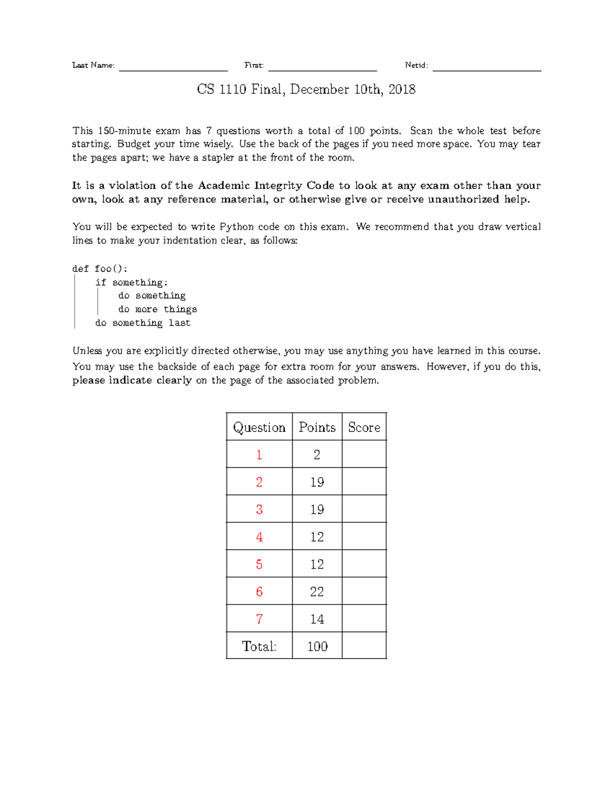 2018 fall final answers - CS 1110 Final, December 10th, 2018 This 150 ...