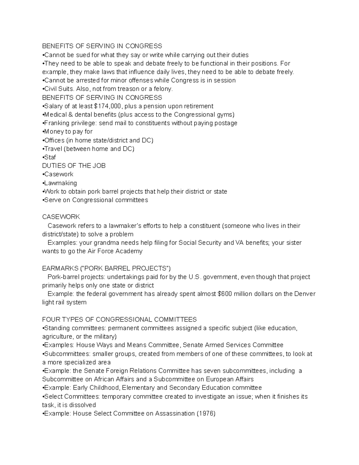 Civics notes - BENEFITS OF SERVING IN CONGRESS •Cannot be sued for what ...