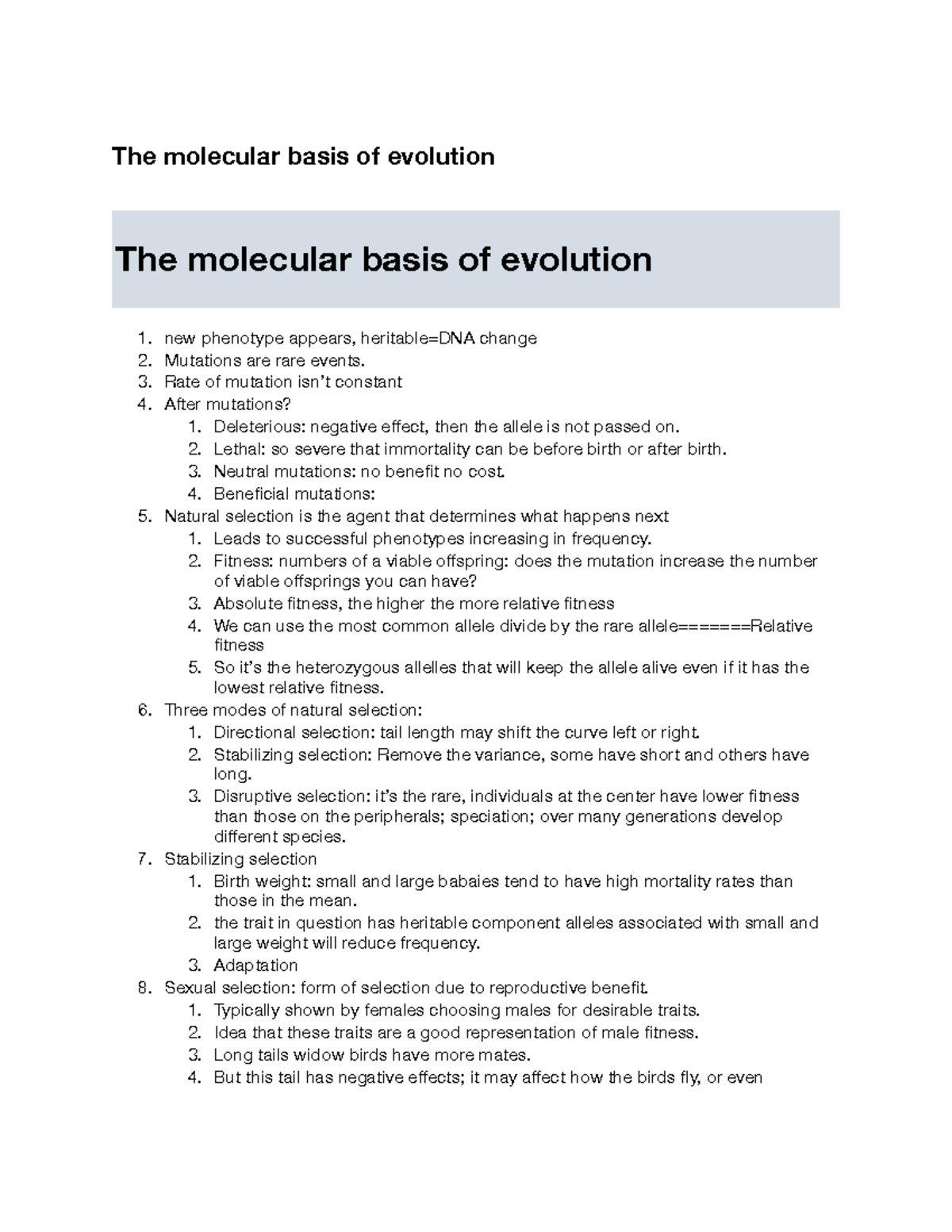 Biology lectures - Lecture Notes - The molecular basis of evolution The ...