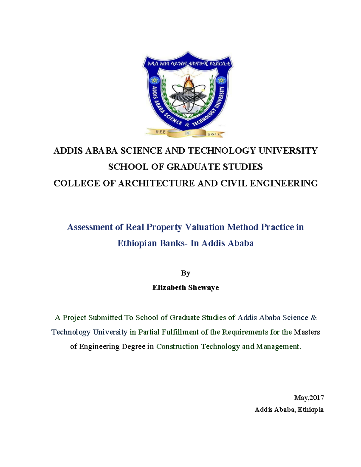 Thesesaastu-2019-103 - ADDIS ABABA SCIENCE AND TECHNOLOGY UNIVERSITY SCHOOL OF GRADUATE STUDIES ...