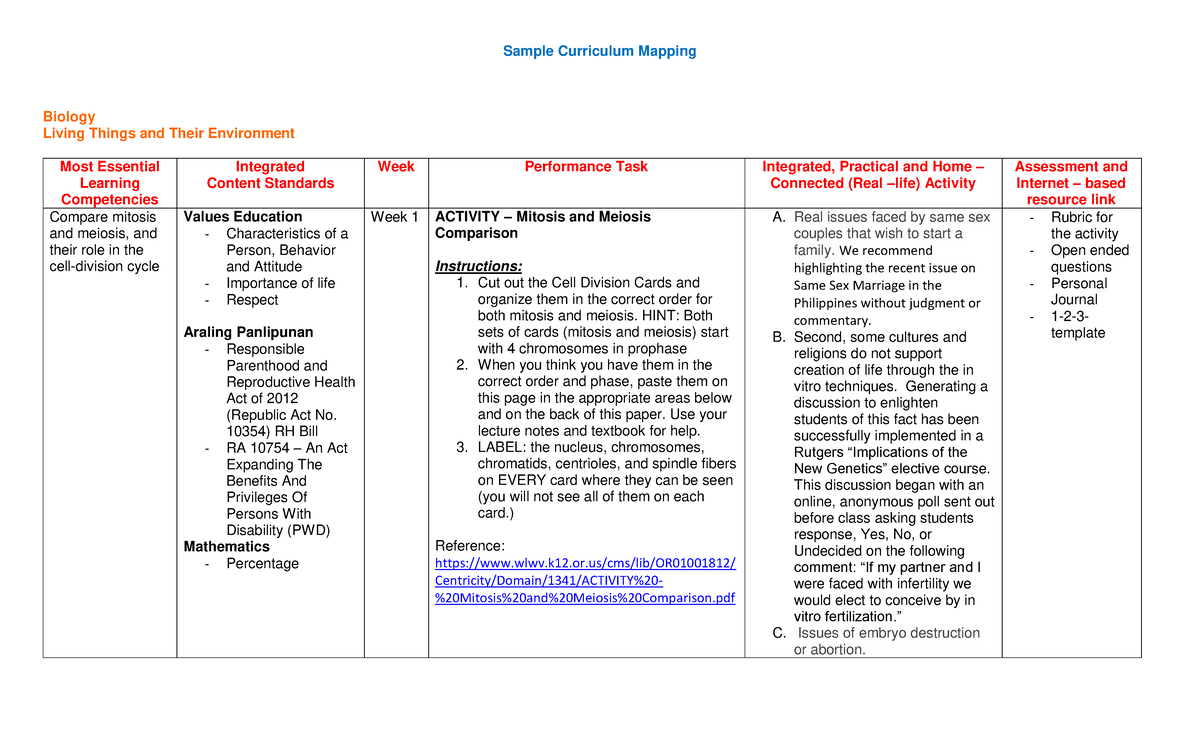 Sample Curriculum Mapping - Sample Curriculum Mapping Biology Living ...