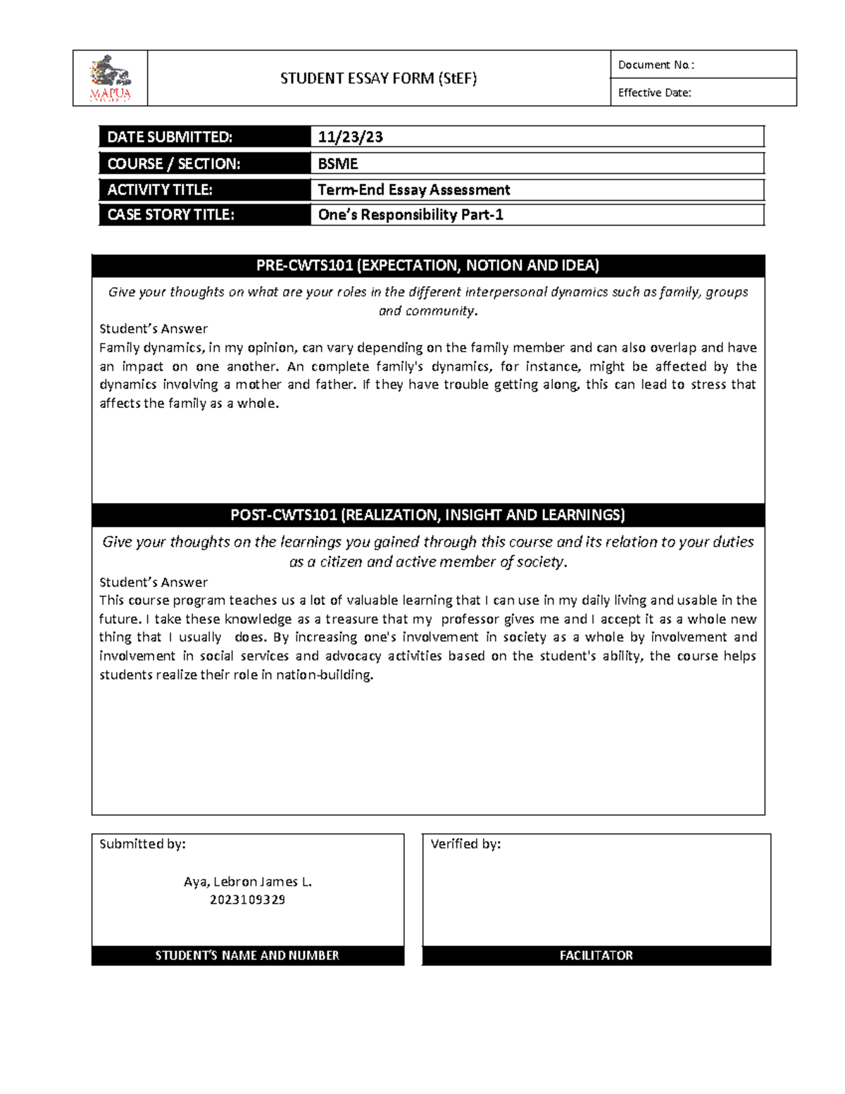 Aya LJ-CWTS101-A1-TEE1 - STUDENT ESSAY FORM (StEF) Document No ...
