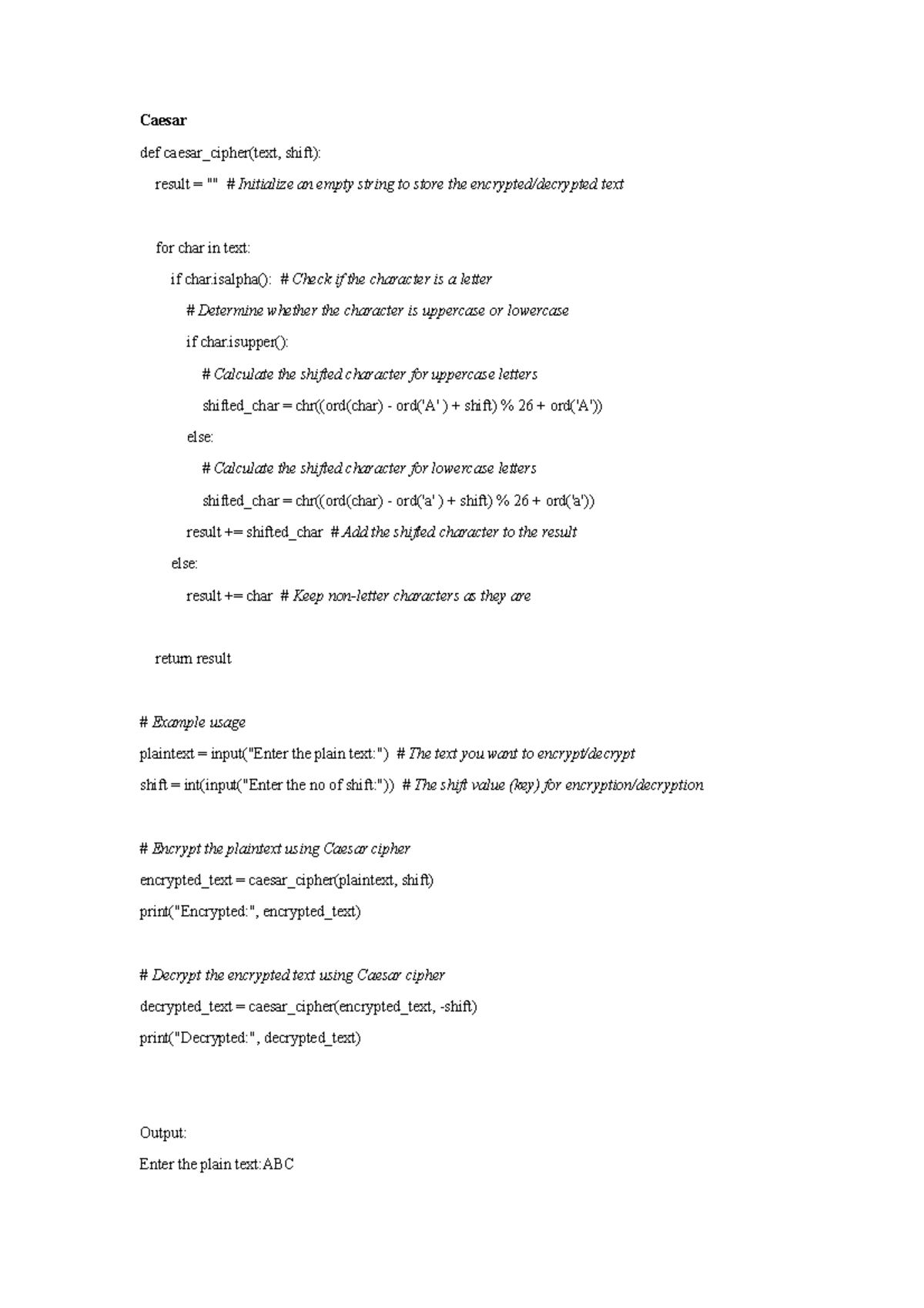 IS-Report - Lab Report - Caesar def caesar_cipher(text, shift): result = "" # Initialize - Studocu
