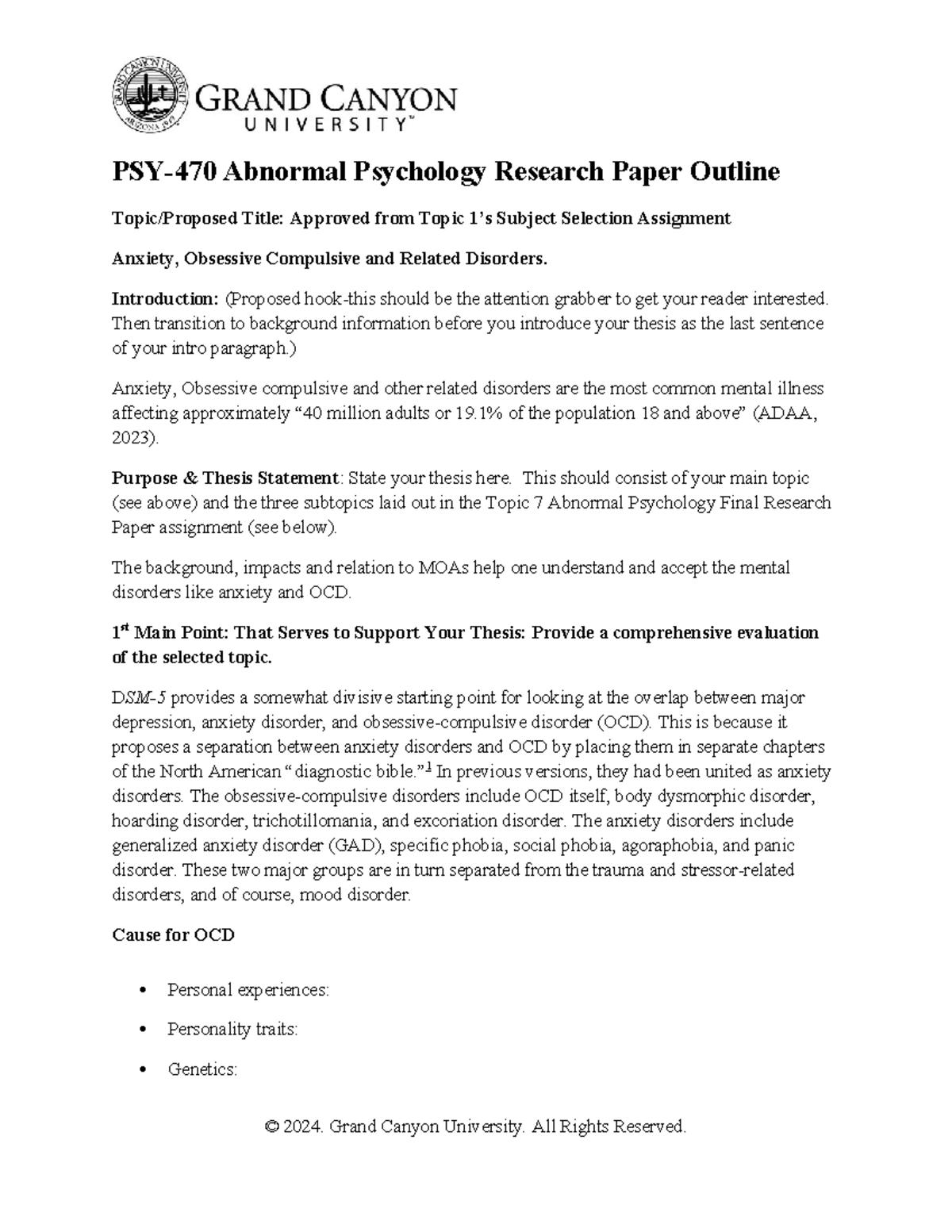 Outline research paper psy 470 - PSY-470 Abnormal Psychology Research ...