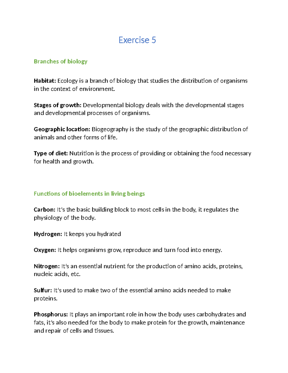 Exercise 5. Life science - Exercise 5 Branches of biology Habitat ...