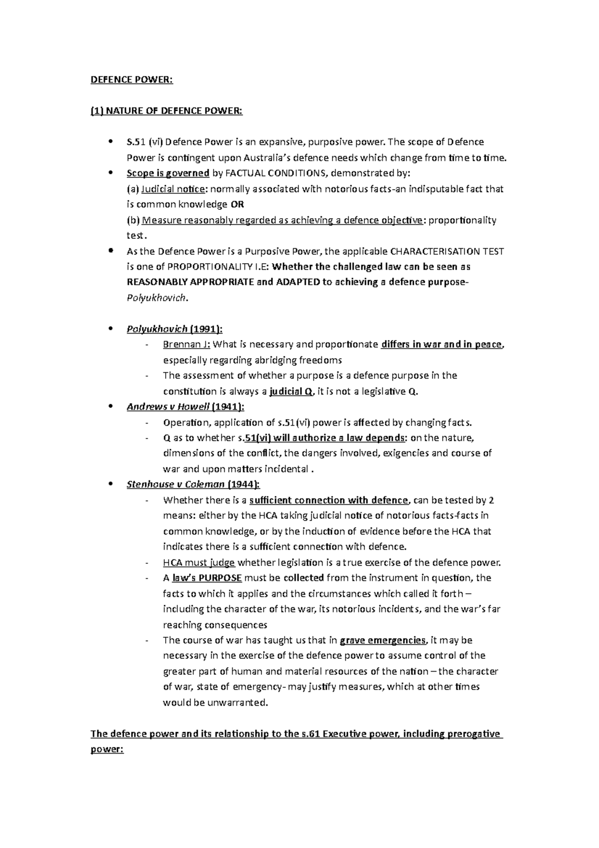 Defence Power Summary - DEFENCE POWER: (1) NATURE OF DEFENCE POWER: S ...