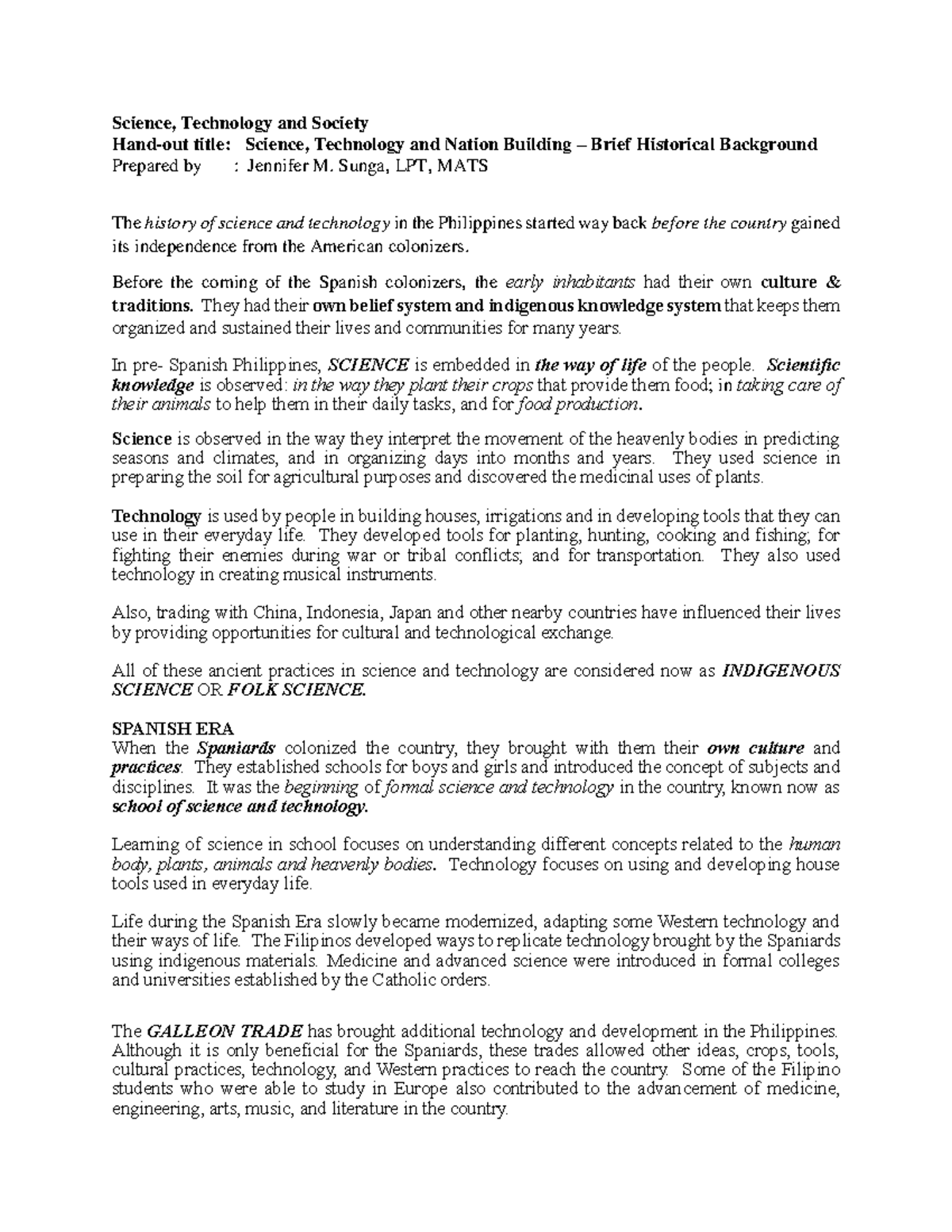 Handout Science, Technology and Nation Building - Science, Technology ...