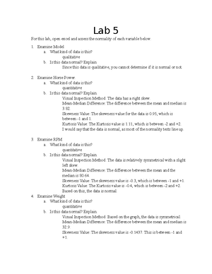 Lab 1 Statistics - LAB 1 Identify the following as nominal level ...