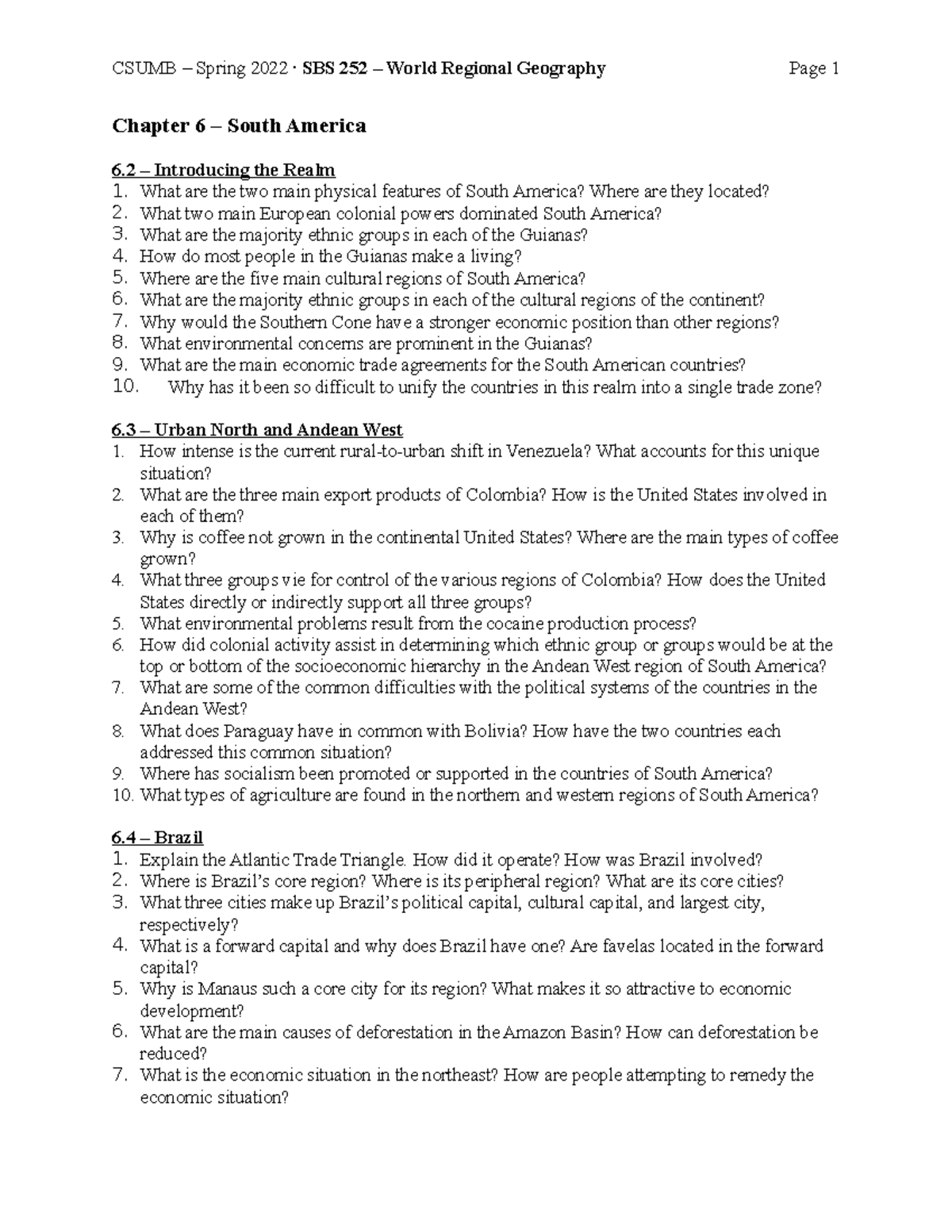 Ch 6 study questions - notes - CSUMB – Spring 2022 · SBS 252 – World ...