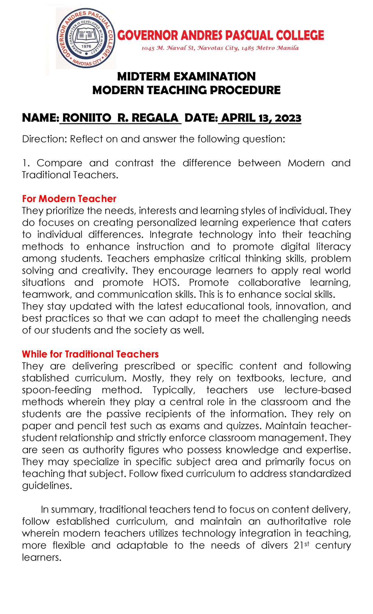 Midterm Modern Teaching Procedure - MIDTERM EXAMINATION MODERN TEACHING ...