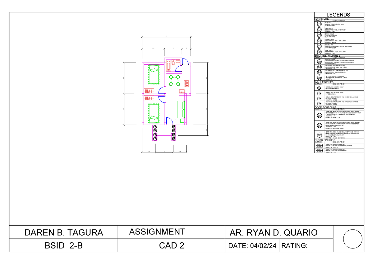 Assignment CAD 2 - LEGENDS FURNITURE SYMBOL DESCRIPTION QUANTITY: 1 ...