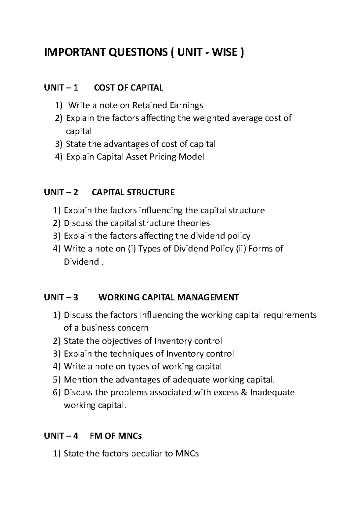 Important Questions ( FM UNIT-WISE ) - IMPORTANT QUESTIONS ( UNIT - WISE ) UNIT – 1 COST OF ...