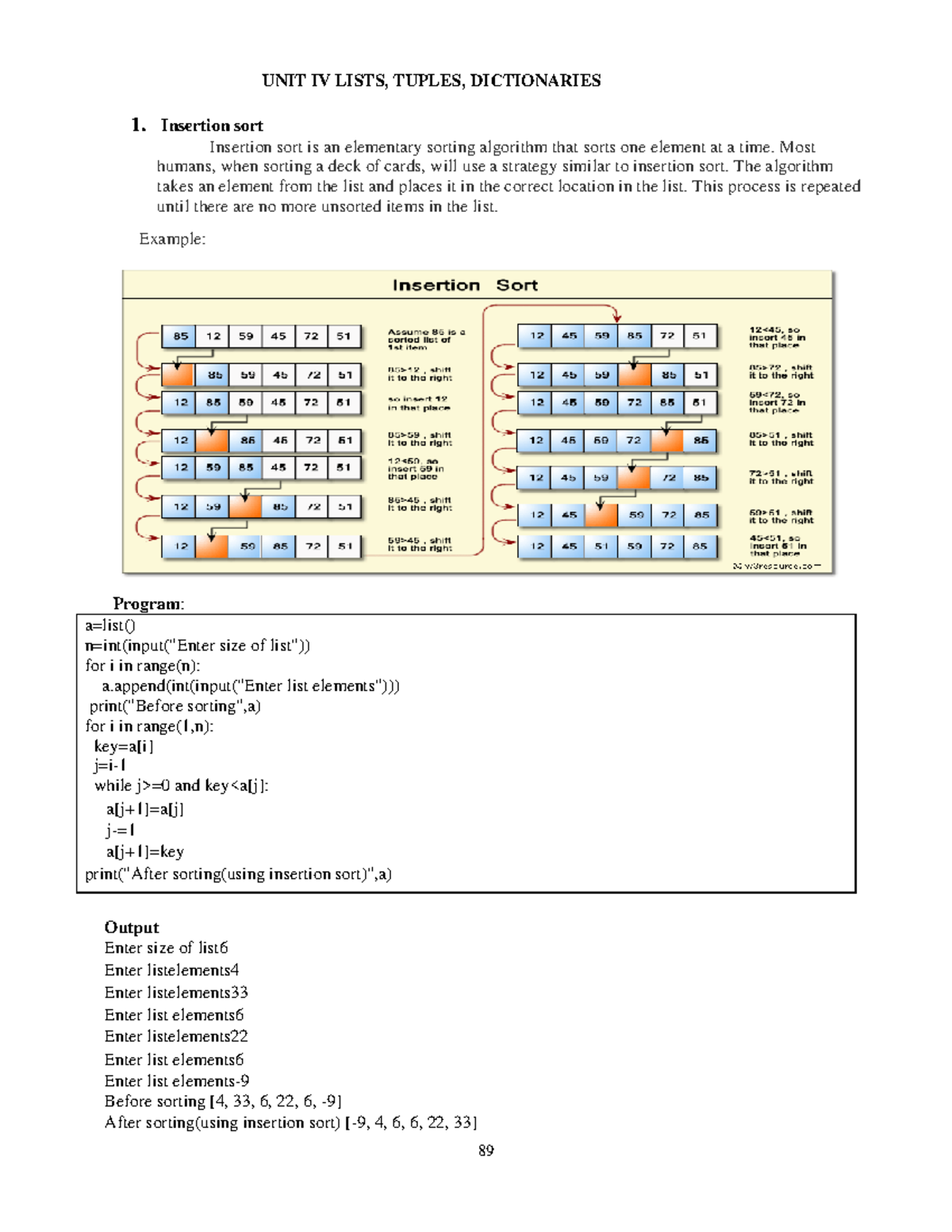 4 - PYTHON - UNIT IV LISTS, TUPLES, DICTIONARIES 1. Insertion sort Insertion sort is an ...