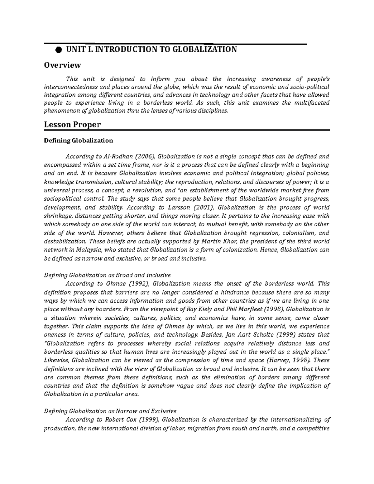 UNIT I Introduction TO Globalization - UNIT I. INTRODUCTION TO GLOBALIZATION Overview This unit ...