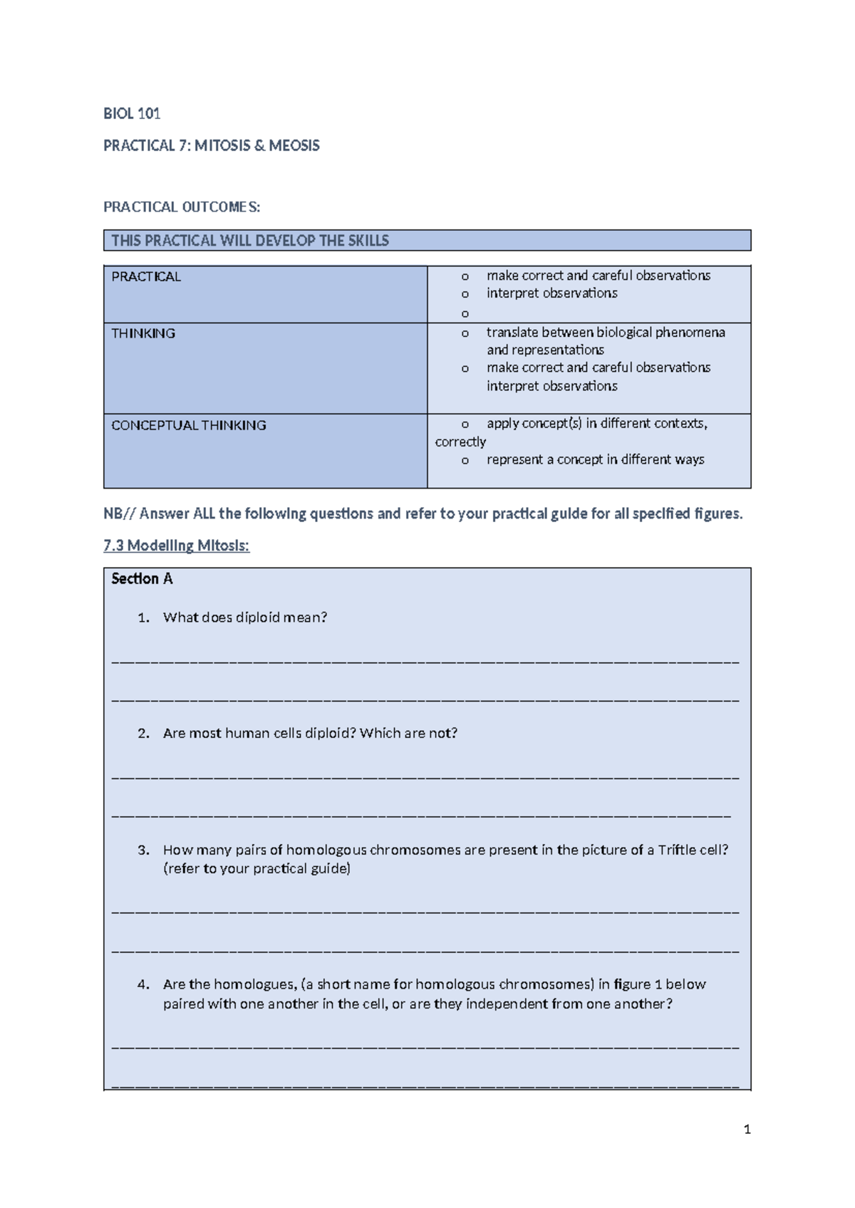 BIOL 101 prac 7 workbook.. - BIOL 101 PRACTICAL 7: MITOSIS & MEOSIS PRACTICAL OUTCOMES: THIS ...