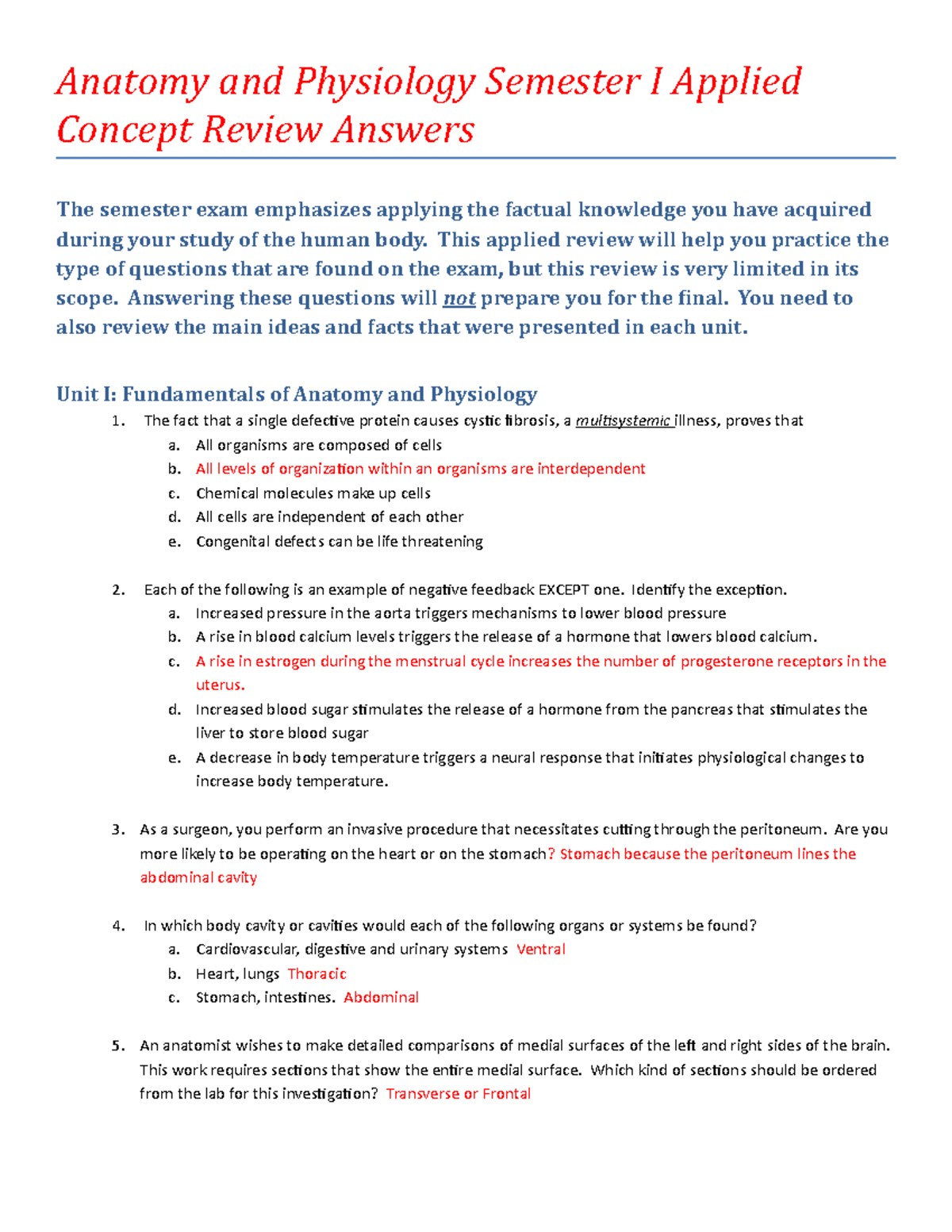 Anatomy and Physiology Semester I Applied Concept Review Answers ...