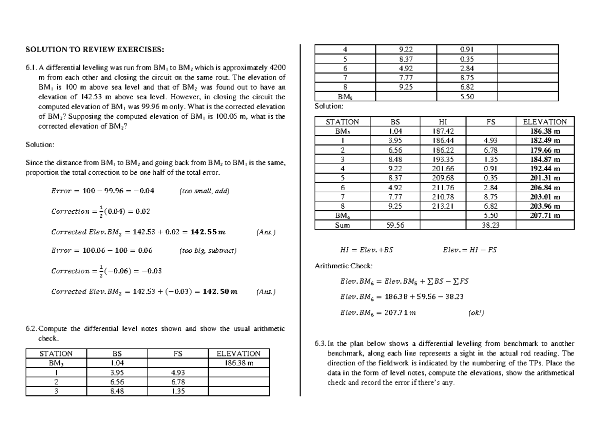 Module 6-Answers - FOS - SOLUTION TO REVIEW EXERCISES: A differential leveling was run from BM 1 ...
