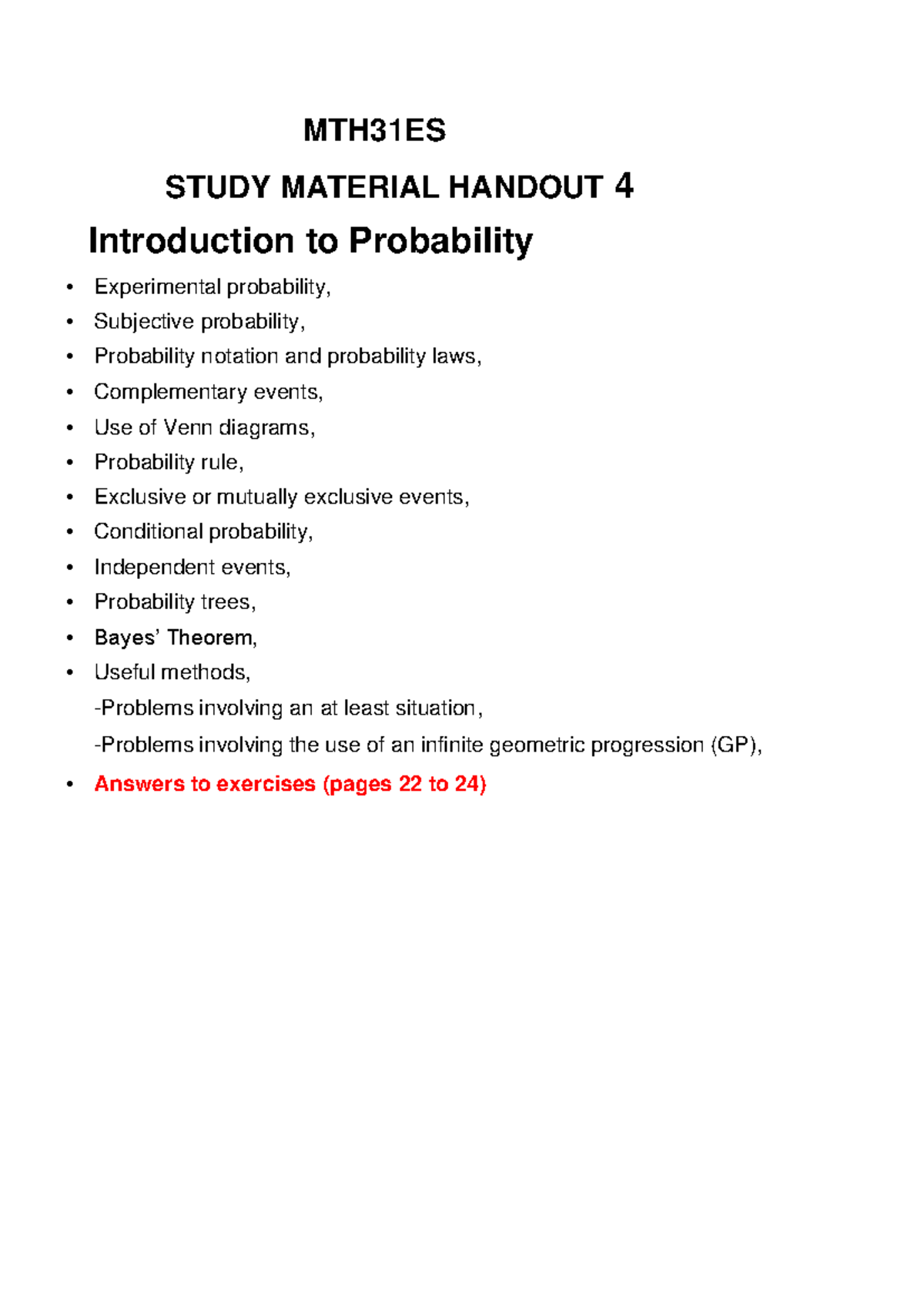 MTH31ES Study Material Introduction TO Probability Handout 4 - MTH31ES ...
