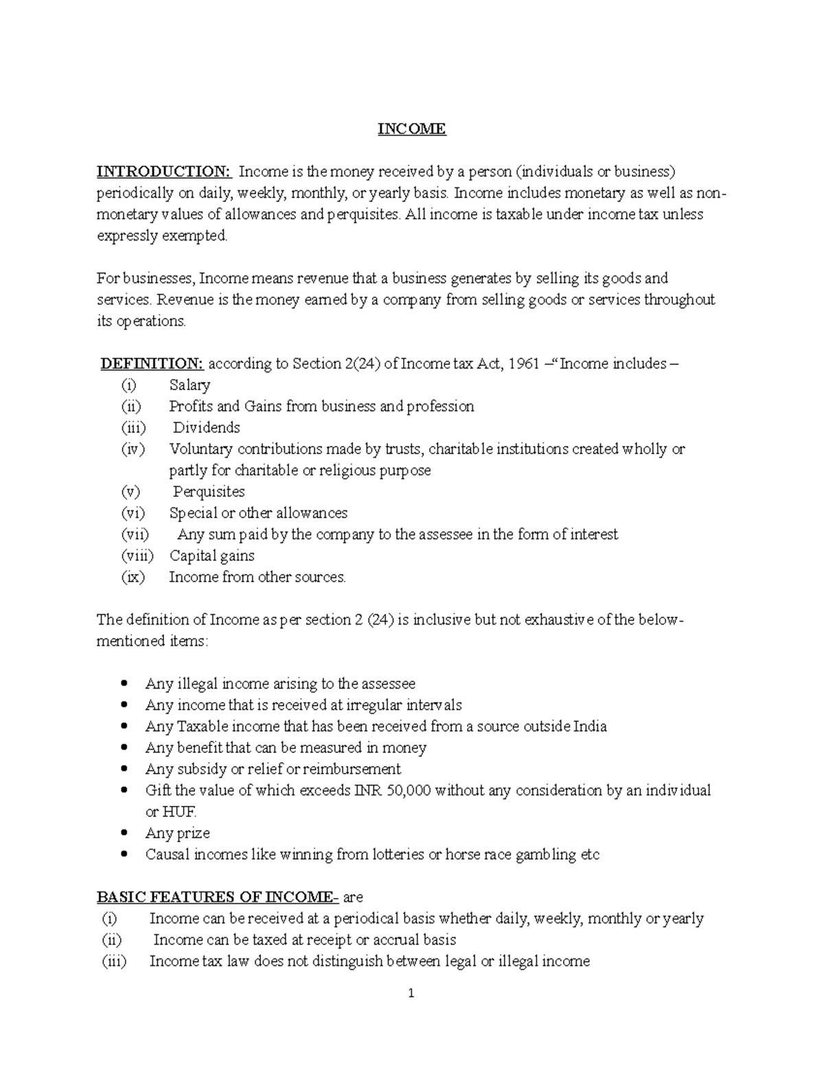 Tax - Right to privacy notes - INCOME INTRODUCTION: Income is the money ...