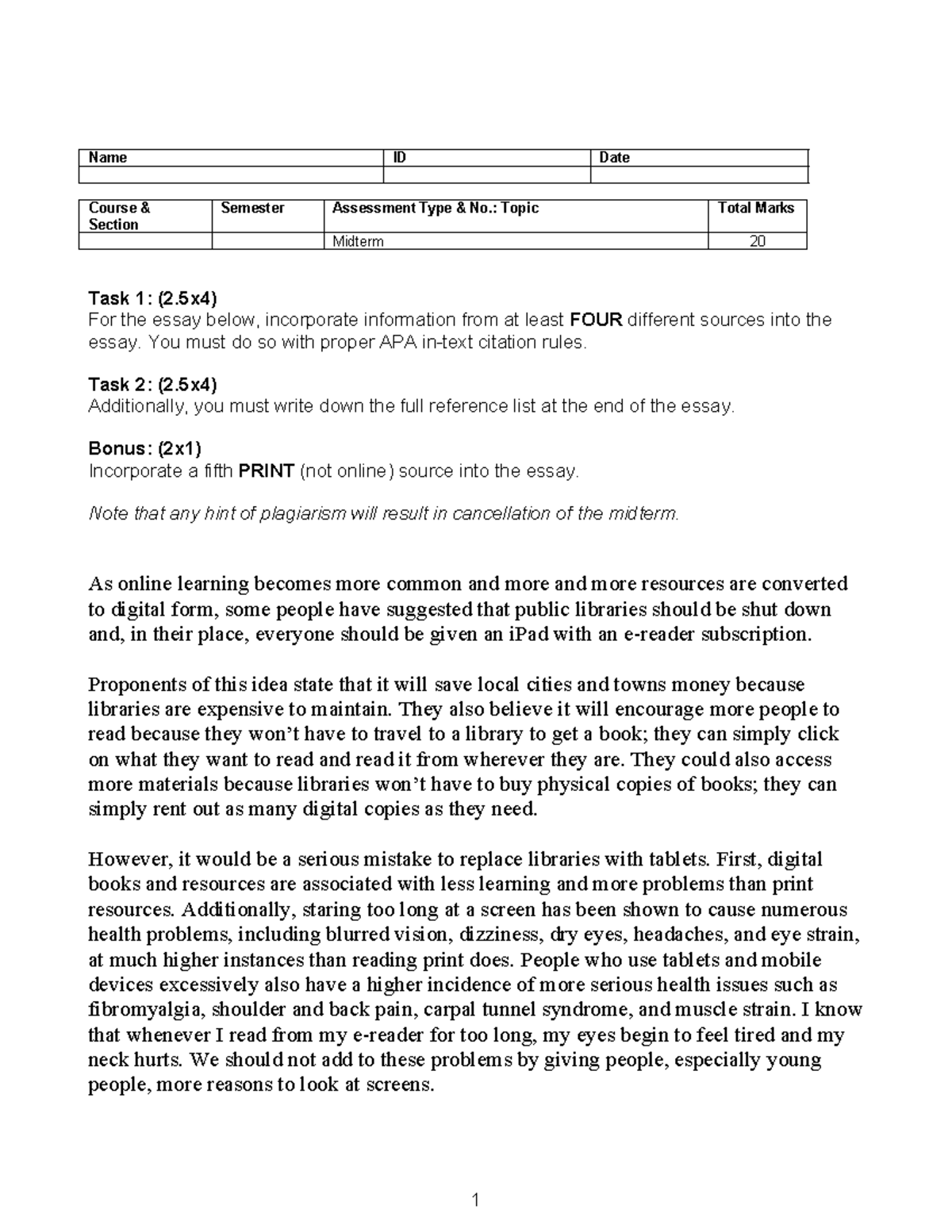 Eng105-mid-paper - Midterm paper for those who needs it . - 1 Name ID ...