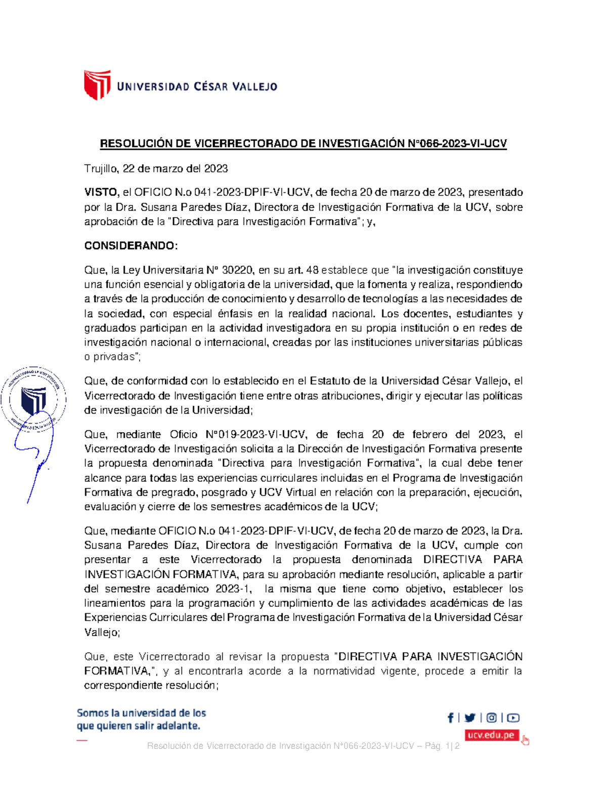 RVI N°066-2023-VI-UCV Aprueba directiva para investigación formativa ...