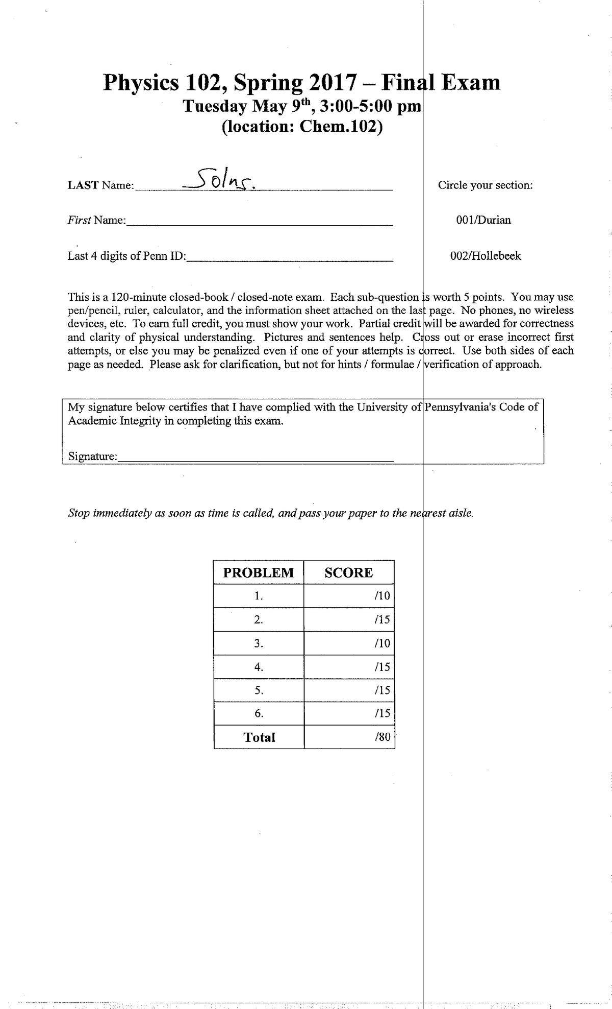 Final Exam Spring 2017 Solutions - PHYS 102 - Studocu