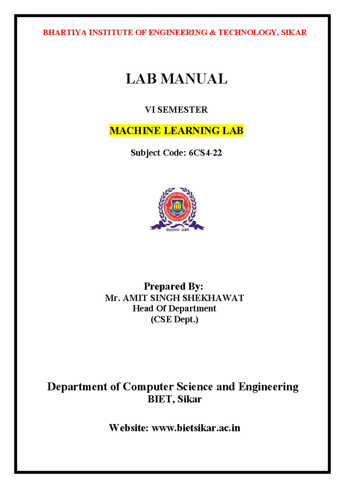 9699457926 Machine Learning LAB - BHARTIYA INSTITUTE OF ENGINEERING ...