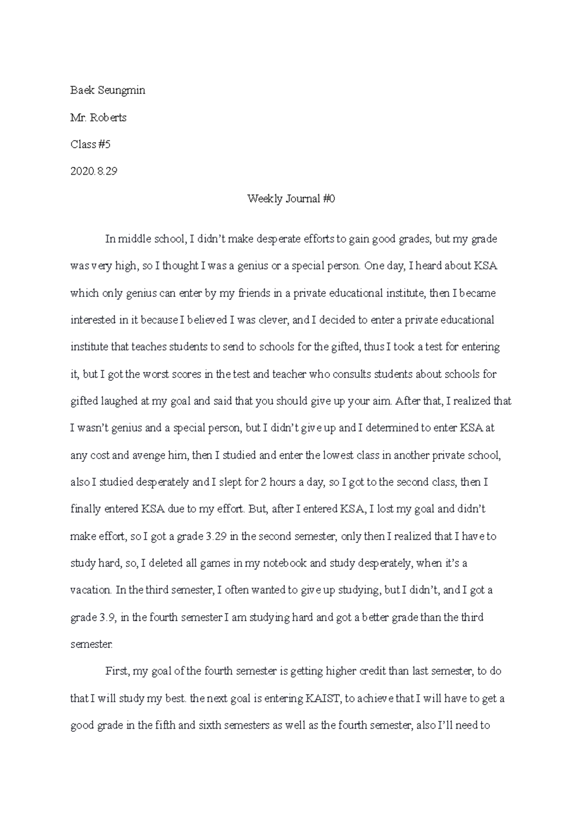 Weekly Journal #0 - writing practice - Baek Seungmin Mr. Roberts Class ...