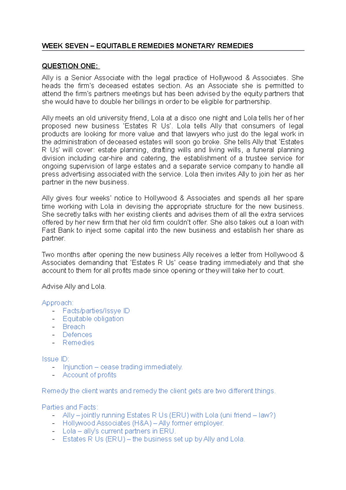 LLB205 Tutorial Questions Week 7 2 - WEEK SEVEN – EQUITABLE REMEDIES ...