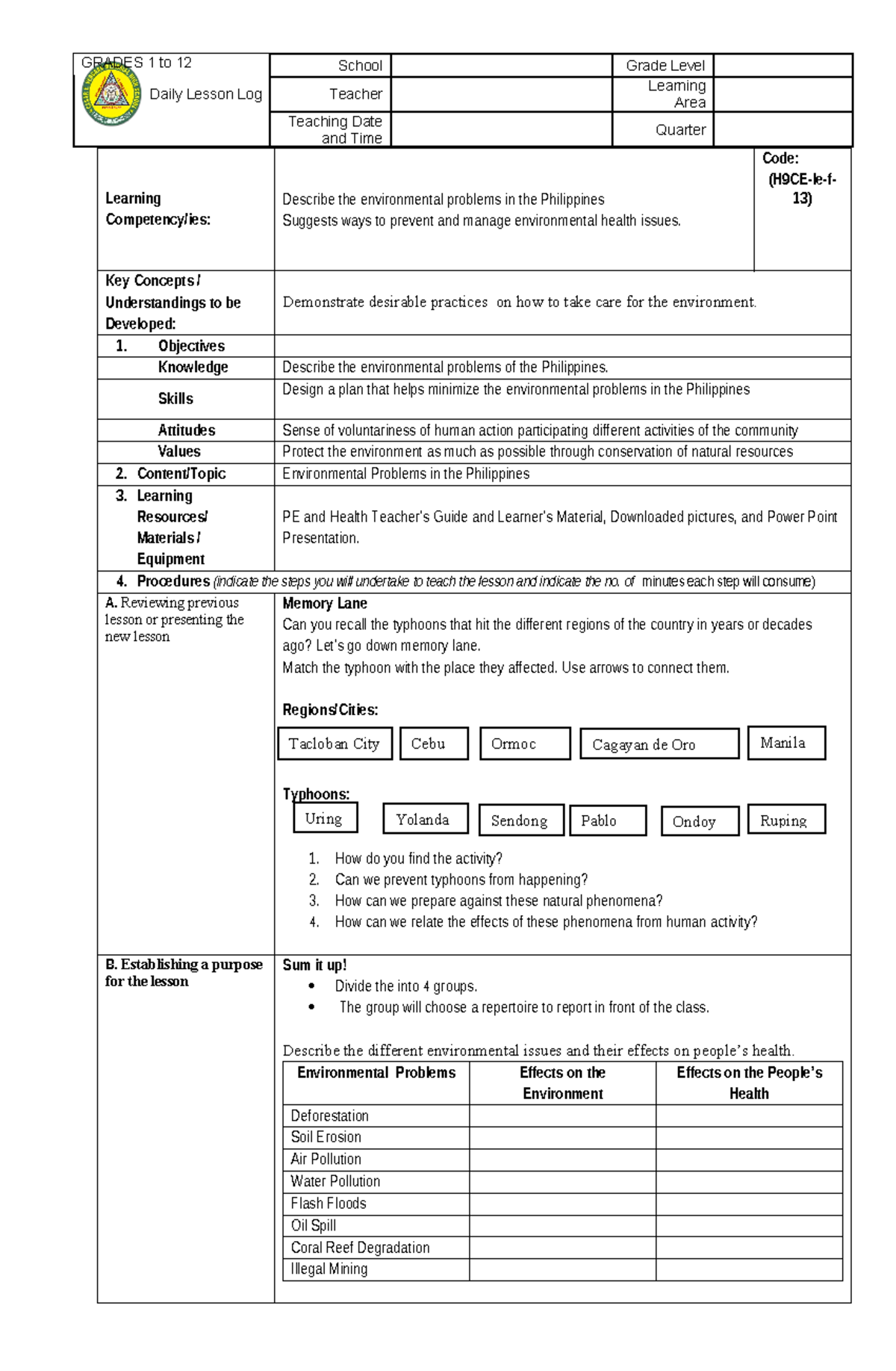 3 H9CE-Ie-f-13 - GRADES 1 to 12 School Grade Level Daily Lesson Log ...