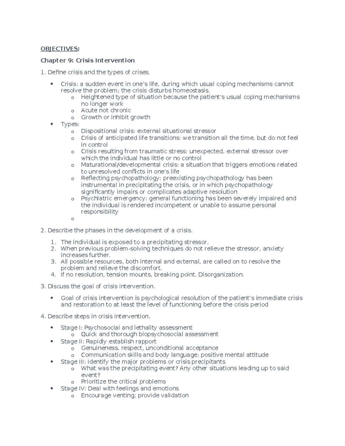 Exam 2 Objectives Outline - OBJECTIVES: Chapter 9: Crisis Intervention ...